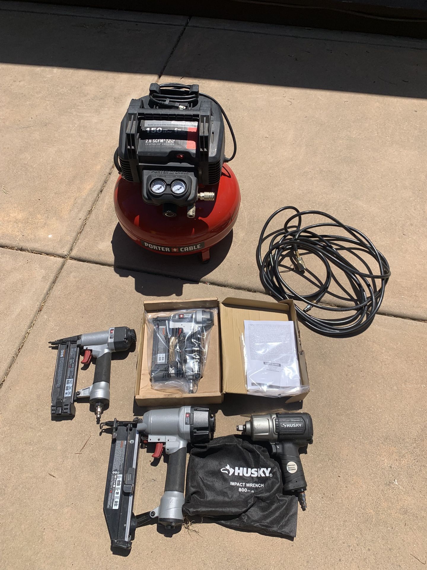 Porter Cable Air Compressor With 3 Finish Nail Guns And Impact Wrench ...