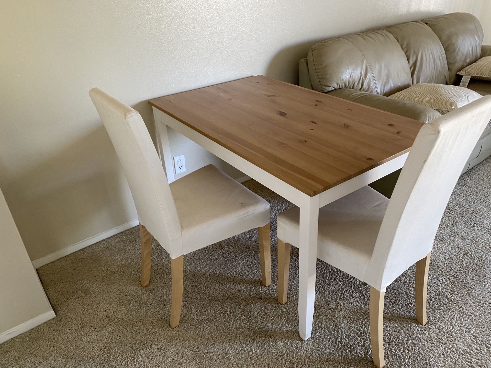 Make offer IKEA LERHAMN Kitchen dining 4 x2.5 table w two white cloth covered chairs for Sale in Long Beach CA OfferUp