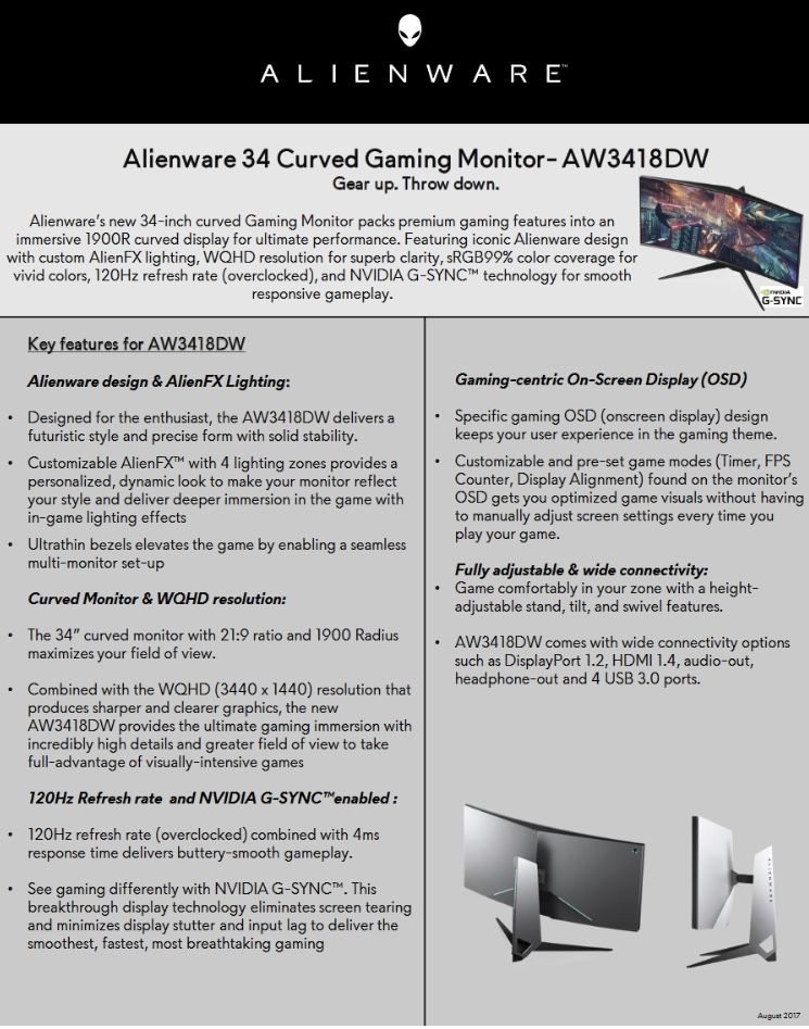 Dell Alienware 34 Curved Gaming Monitor, G-Sync, WQHD ultra Wide Screen ...