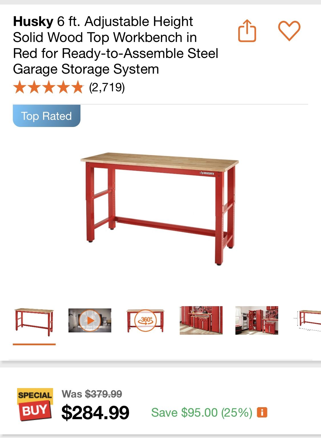 Husky 6 ft. Adjustable Height Solid Wood Top Workbench in Red for Ready ...