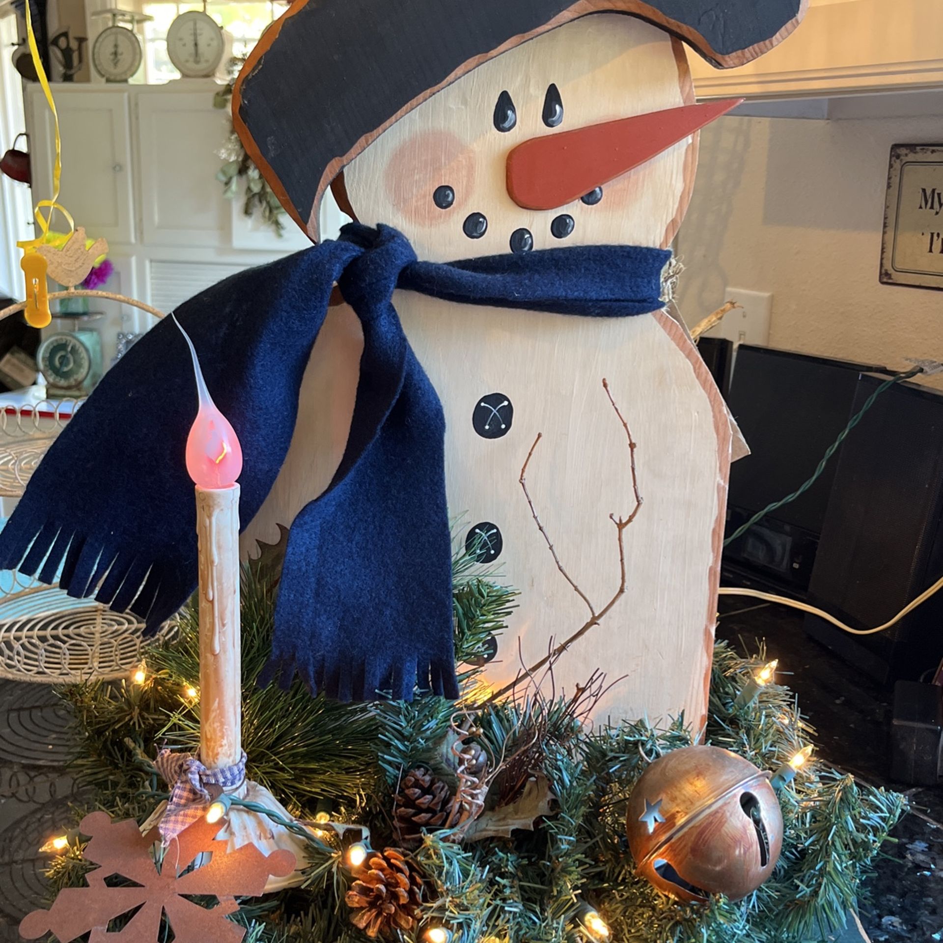 Rustic Wooden Snowman With Flickering Candlestick Light Etc. for Sale ...