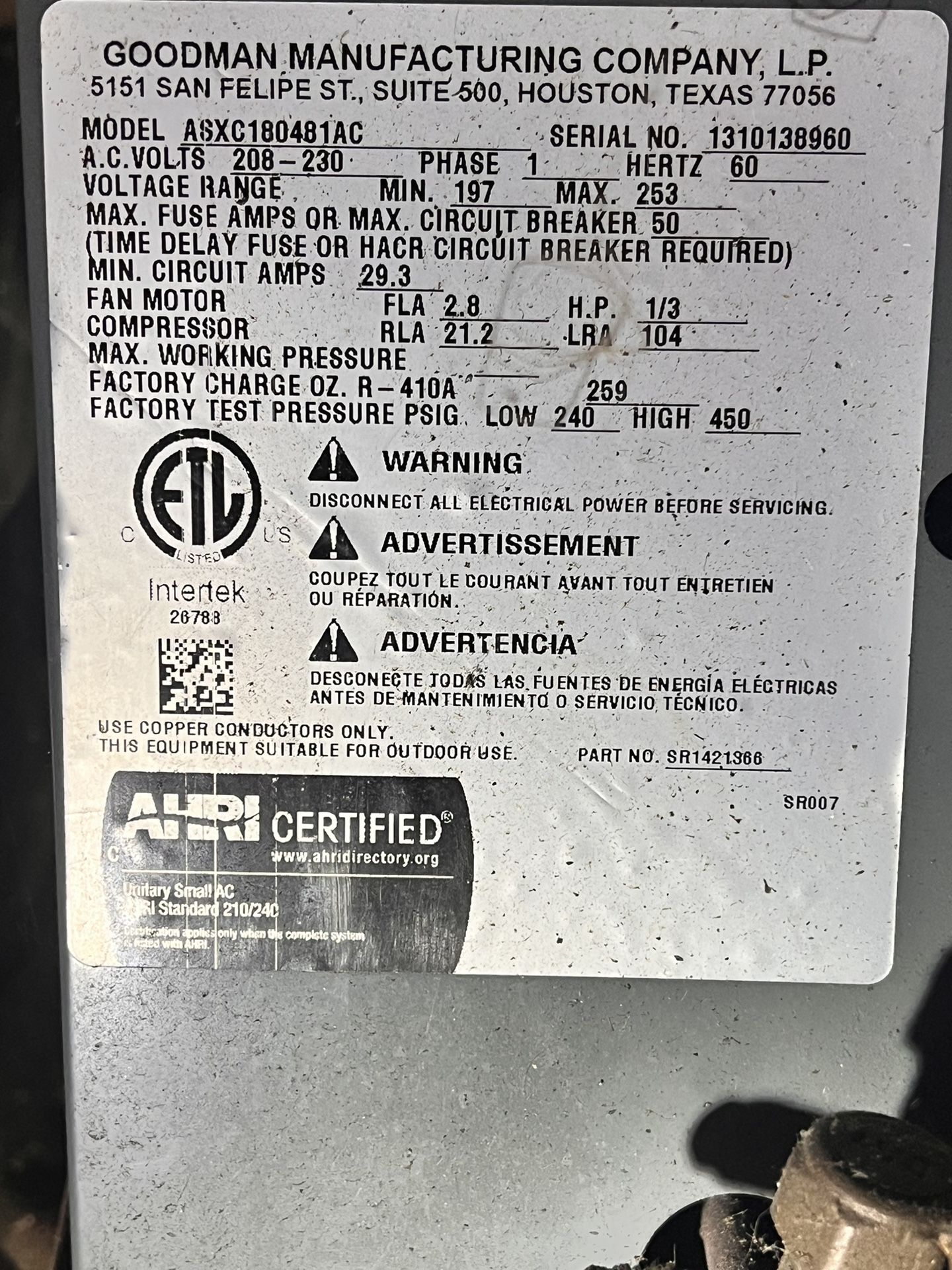 Amana 4 Ton 18 SEER A/C compressor-$500 obo for Sale in Los Angeles, CA ...