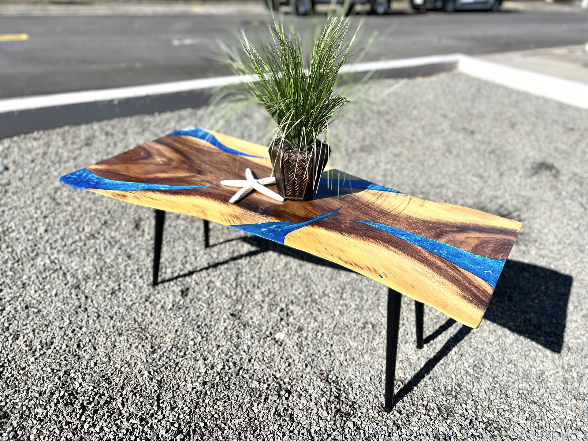 Monkey Pod Wood Live Edge Coffee Table .. Ocean Blue Epoxy for Sale in ...