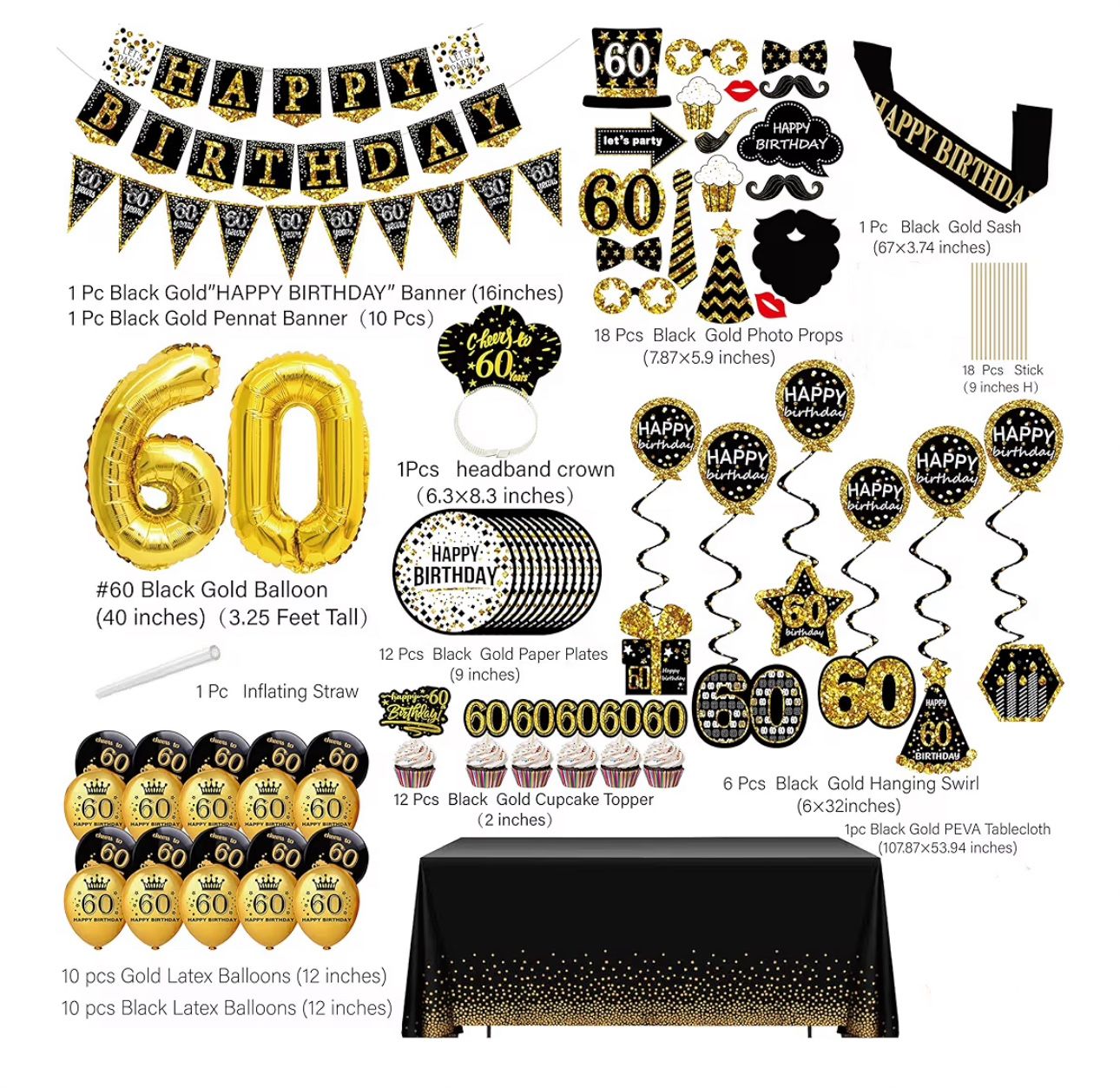 60th birthday decorations for men women - black gold party Banner ...