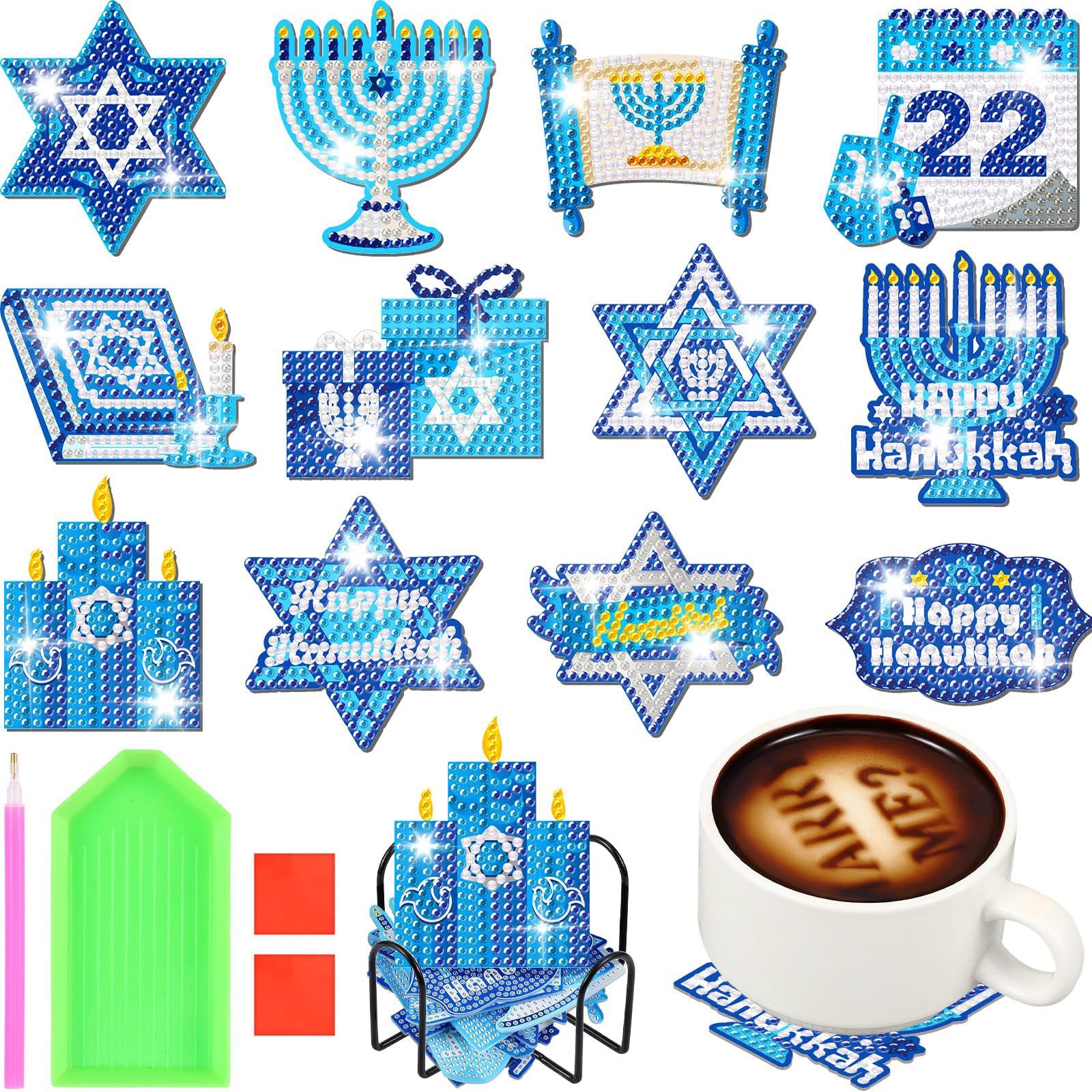 Nuanchu 18 Pcs Hanukkah Diamond Painting Coasters Kit With Holder Cork ...