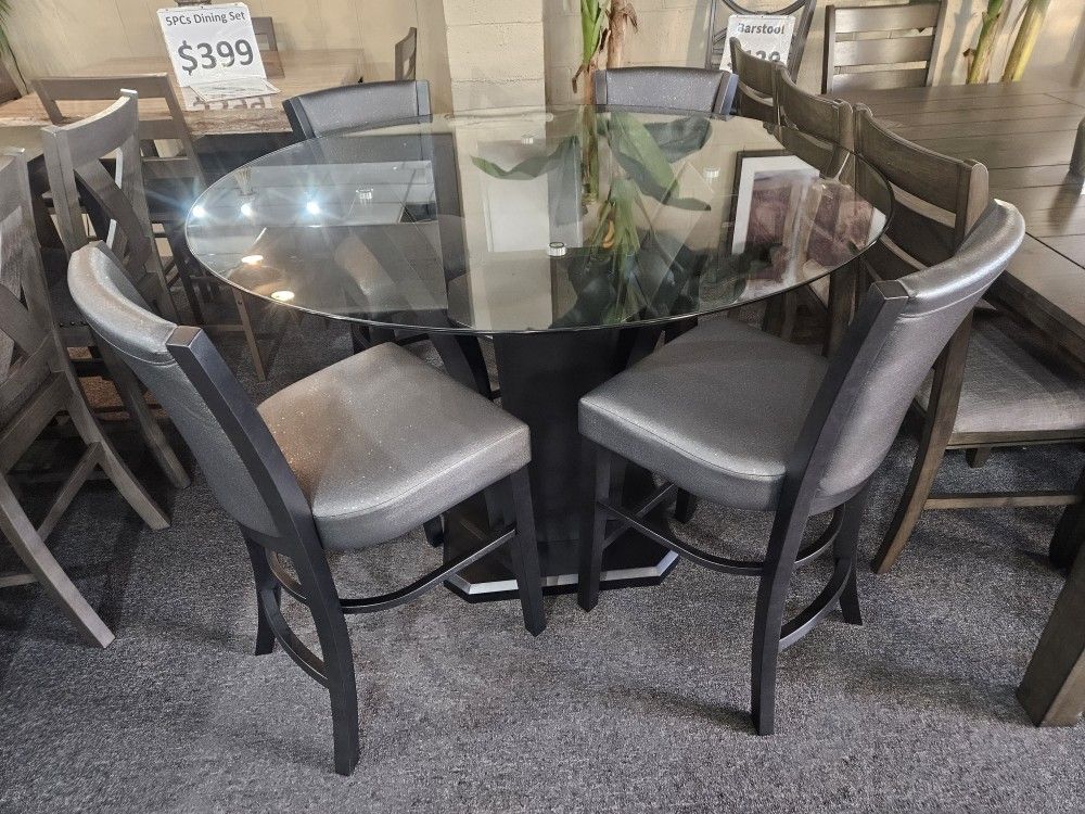 Brand New 54" Round Glass Counter High Dining Table + 4 Gray Faux ...