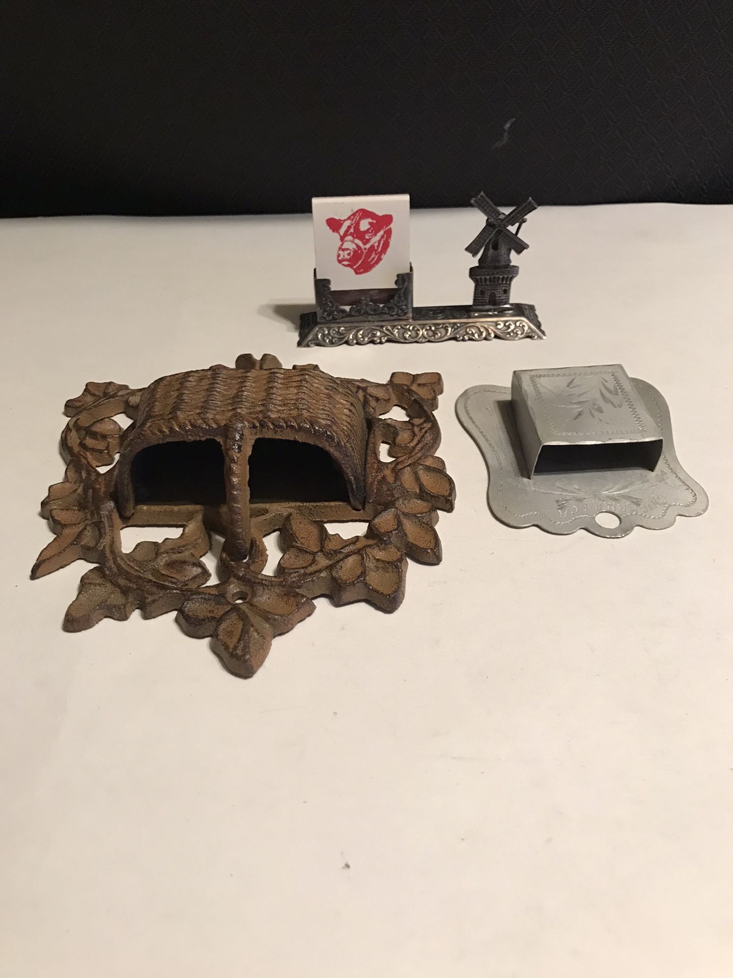 Vintage 3 Pc Match Holder Set Cast Iron, Aluminum & Desktop Windmill ...