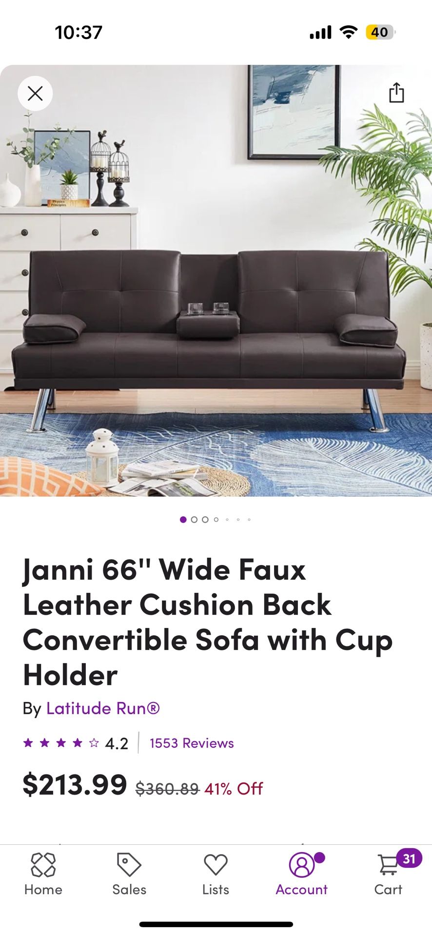 Janni 66 Wide Faux Leather Cushion Back Convertible Sofa with Cup Holder for Sale in Miami FL OfferUp