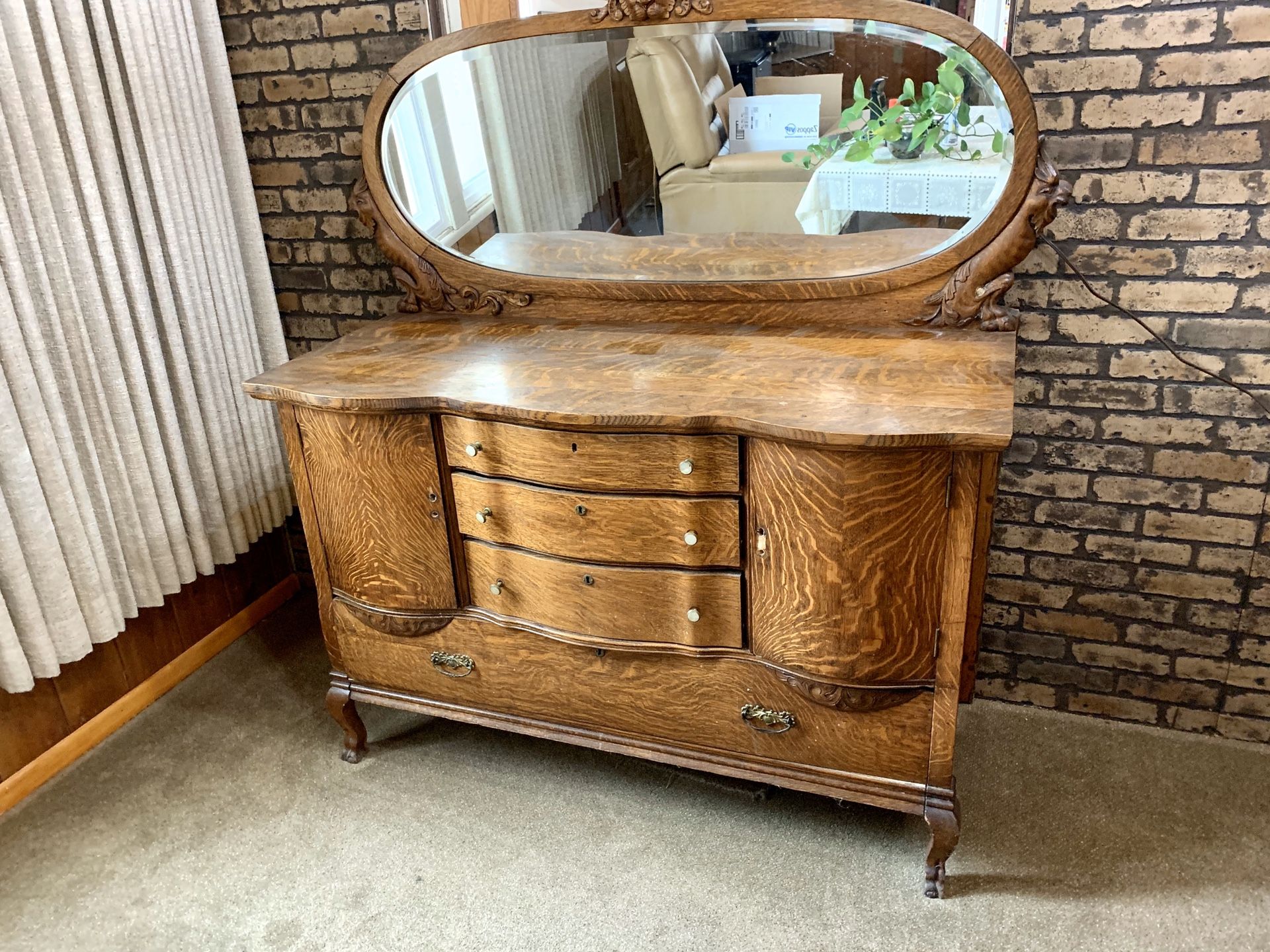 Antique Tiger Oak Buffet with Mirror. Buffet with serpentine front, 3 ...