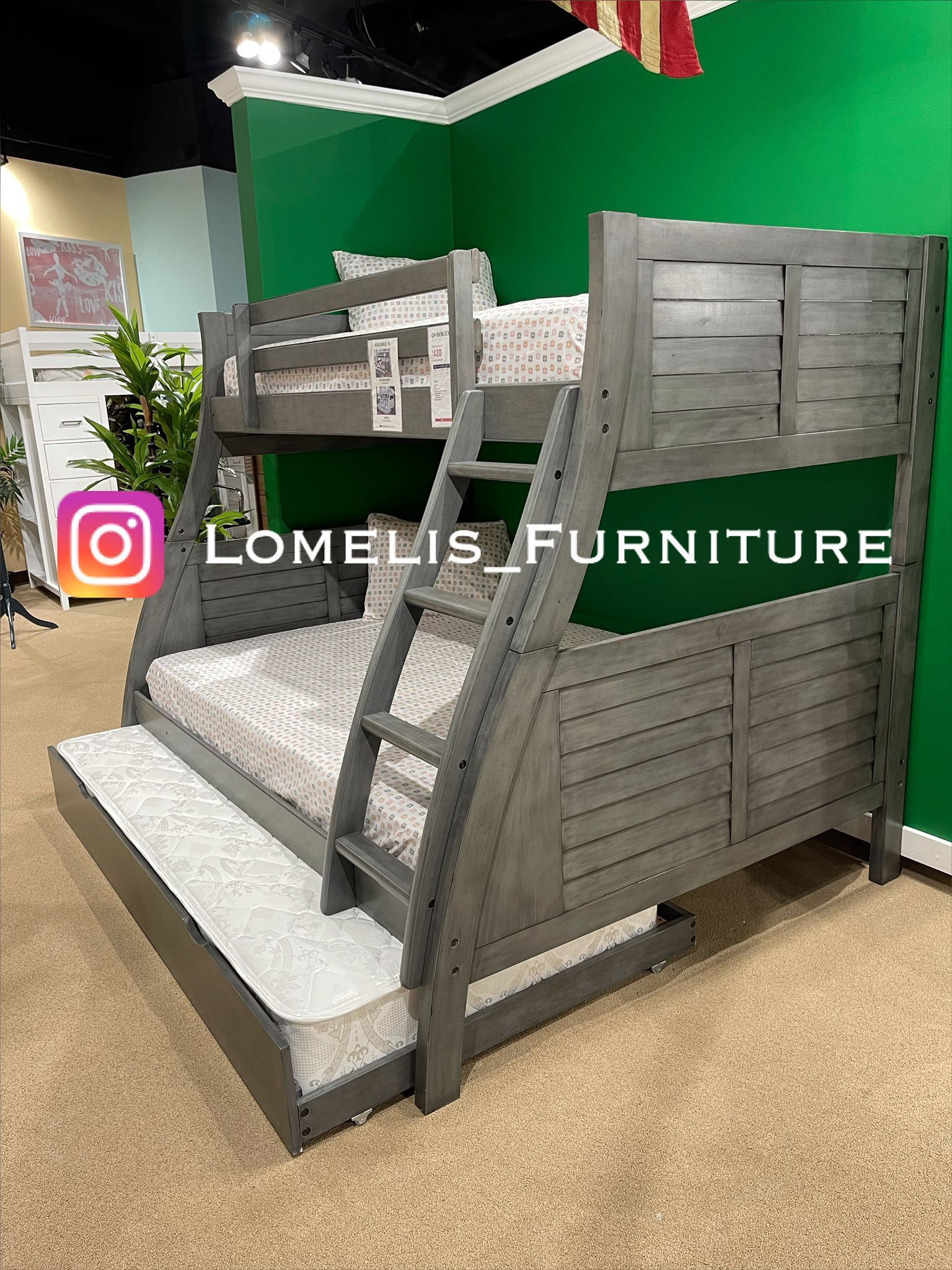 Twin/Full/Twin Gray Hoover Collection Bunk bed w. Orthopedic Mattresses ...