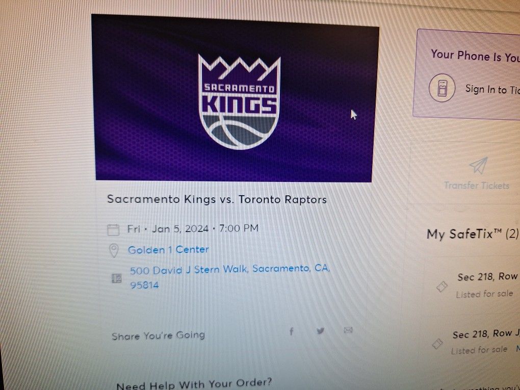Sacramento Kings Tickets, Jan 5th for Sale in Rocklin, CA - OfferUp