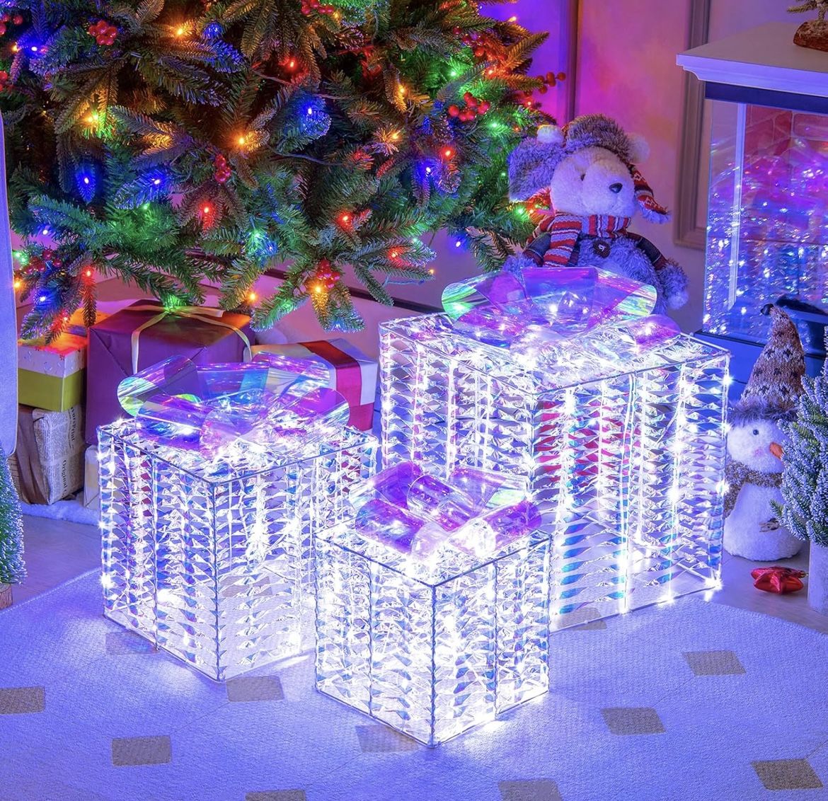 New Set of 3 Lighted Christmas Iridescent Box LED Lighted Present Boxes ...