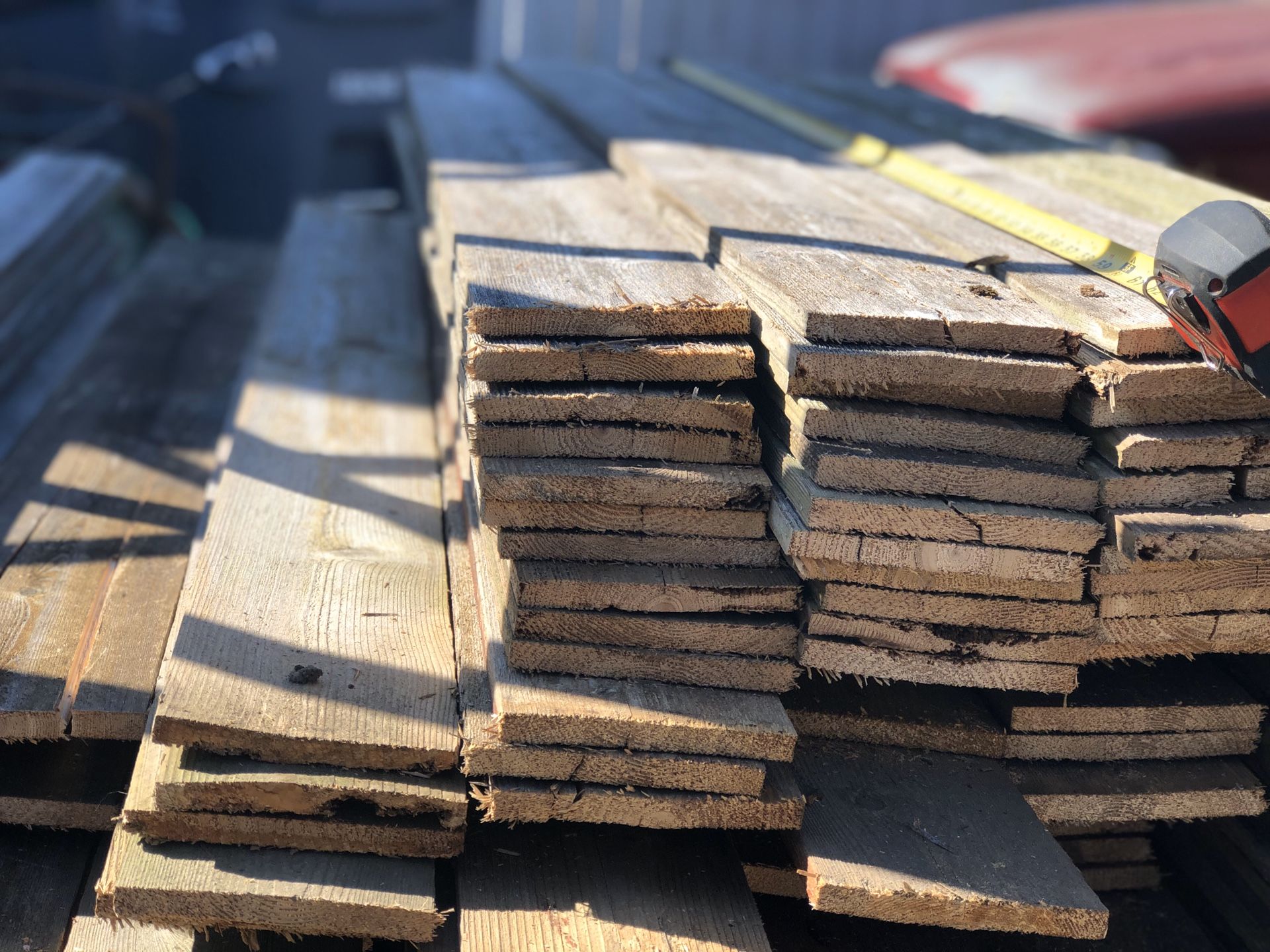 Reclaimed cedar boards 5.5” wide, various lengths. Dry end cut grey ...