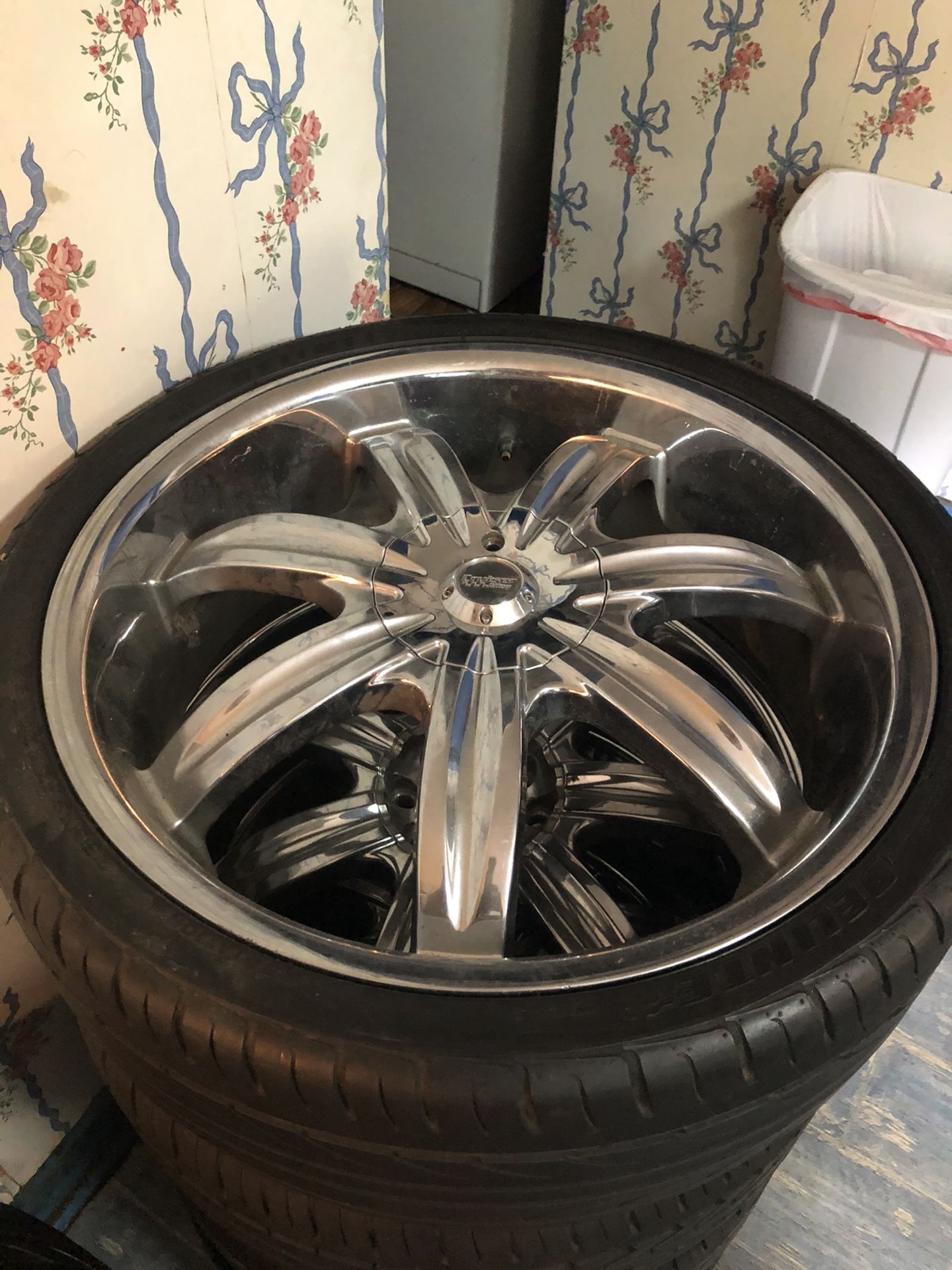 20” chrome rims and tires 1 extra 4 lug pattern for Sale in Statesville ...