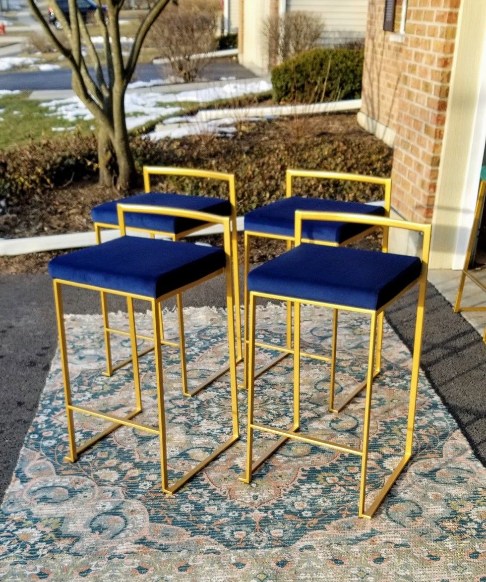 Set of 4 stackable glam counter stools in blue velvet and gold legs for ...