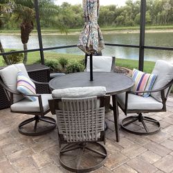 48 Round Patio Table With 4 Swivel Chairs Cushions and Umbrella for Sale in Parrish FL OfferUp