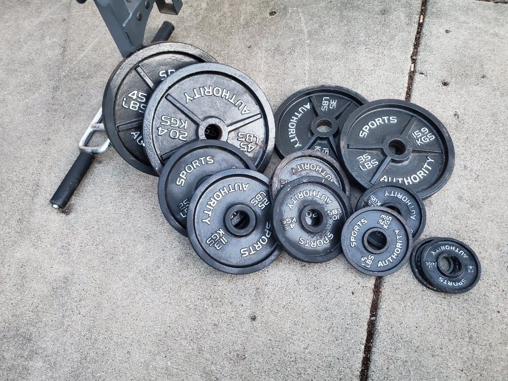 Powerhouse bench with 45lb chrome Olympic size straight bar and 245 lbs ...