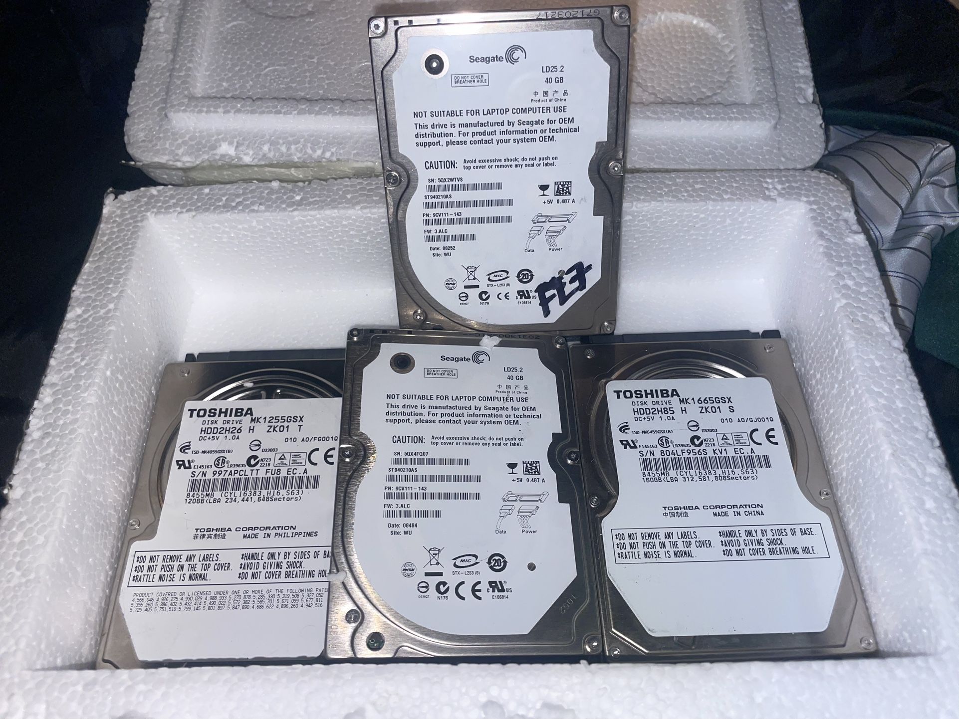 4 HDD Laptop Hard Drives 1 160gb Hard drive ,1 120gb hard drive ,2 40gb ...