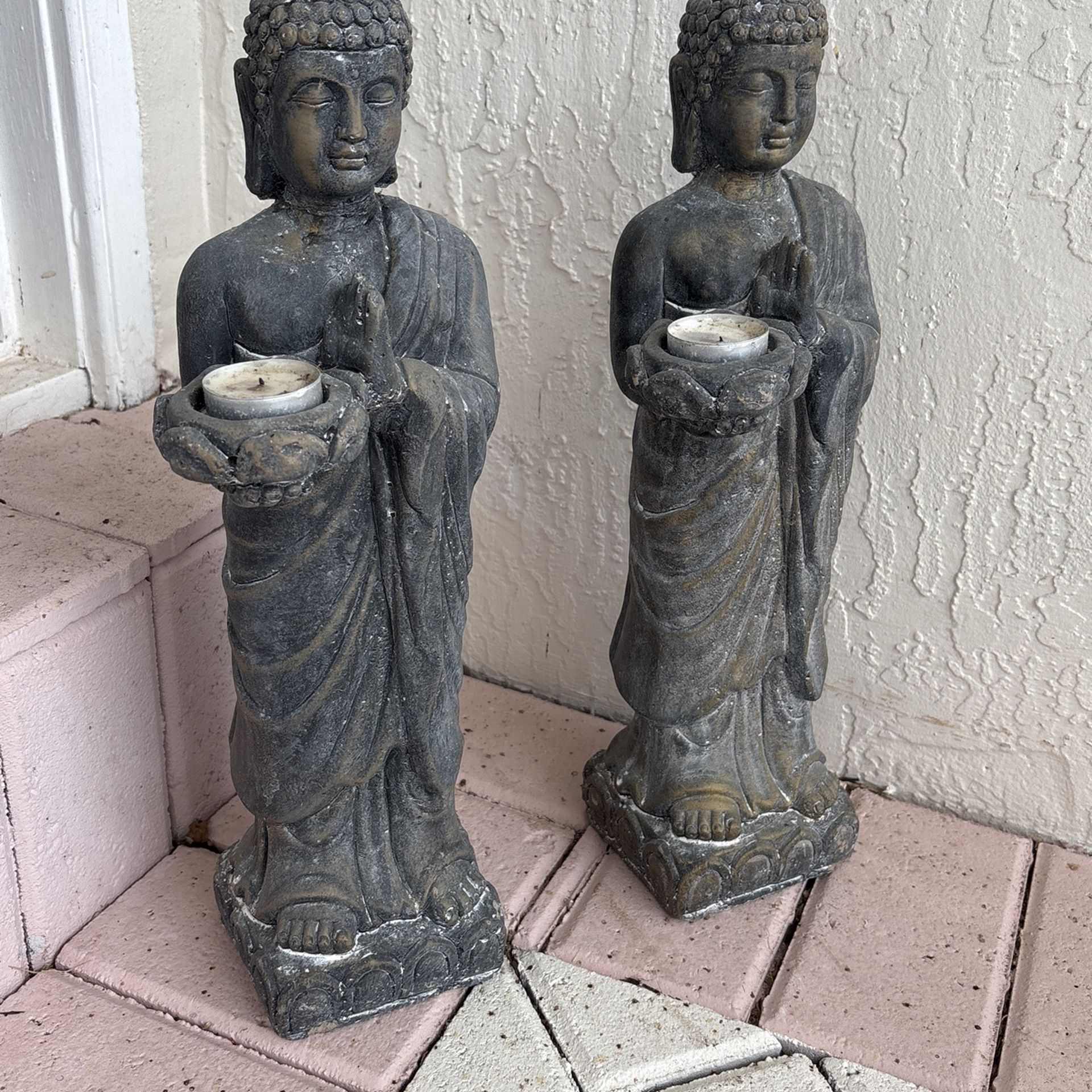 2 Concrete 17” Peaceful Asian Chinese Buddha Candle Holders. Great Zen ...