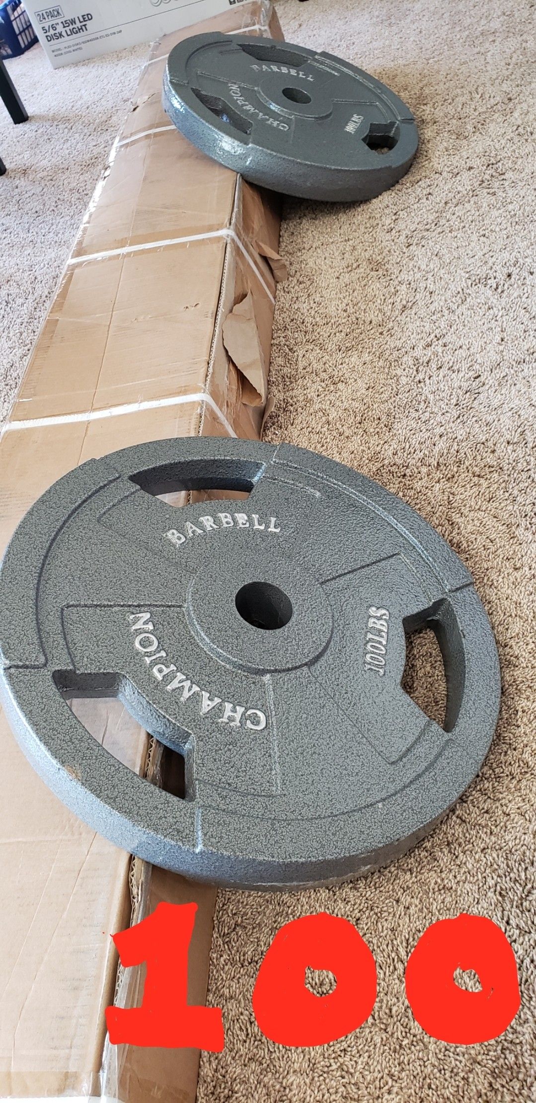 NEW 100 lb Olympic plates with HANDLES - $2.00 a lb (LAST PAIR) for ...