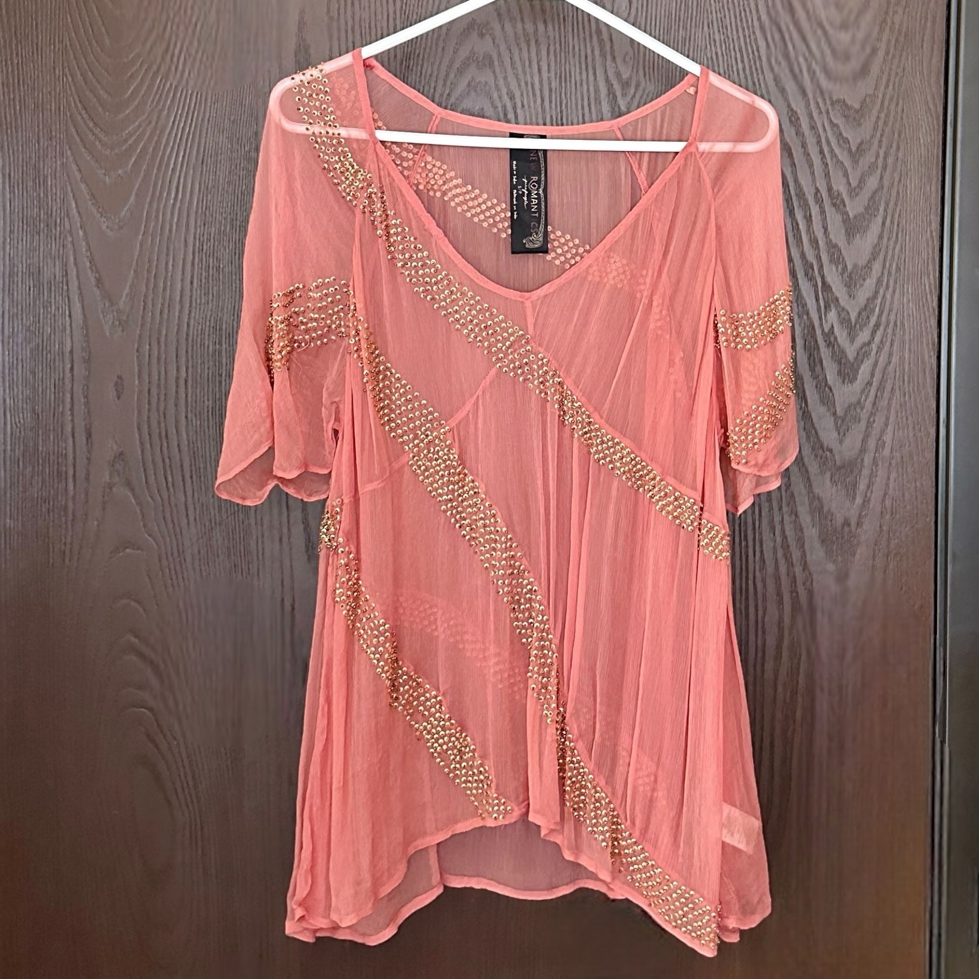 Free People New Romantics Gold Beaded Pink Sheer Womens Size Small Boho ...