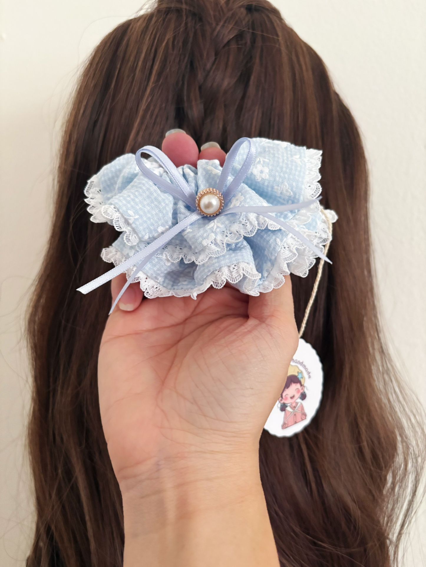 Baby blue color with white flower pearl ribbon scrunchie/hair tie for ...