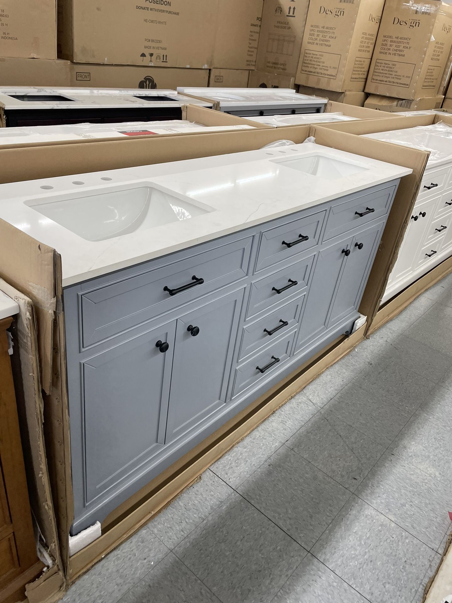 Bathroom Vanity Cabinet 72” Solid Oak Quartz Top With Sinks And Backsplash