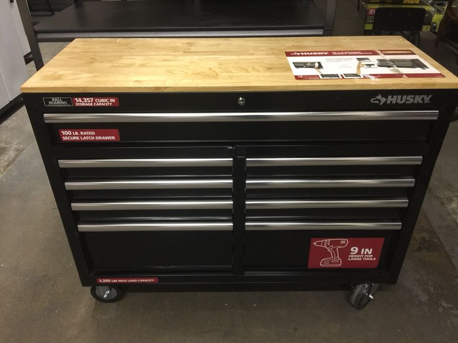 Husky 46 in. 9-Drawer Mobile Workbench with Solid Wood Top for Sale in ...