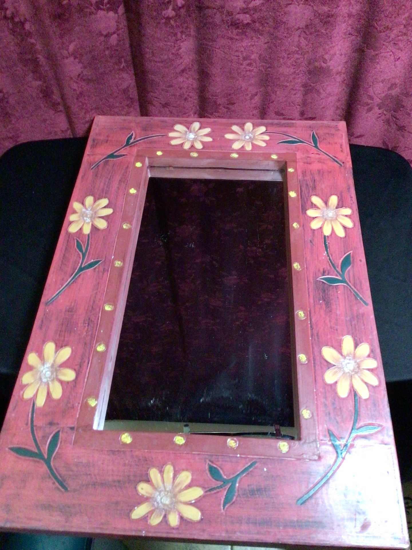 90s Art Deco Heavy Wooden Framed Hanging Mirror with Floral Daisy ...