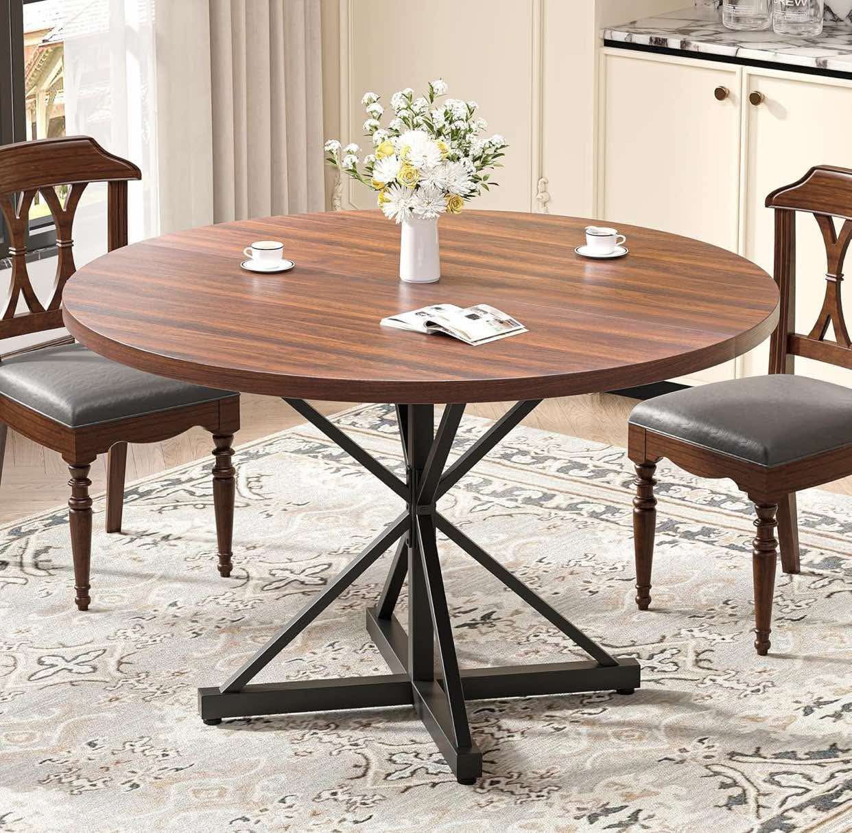 47 Inches Modern Circle Kitchen Table with Large Wood Countertop, Metal ...