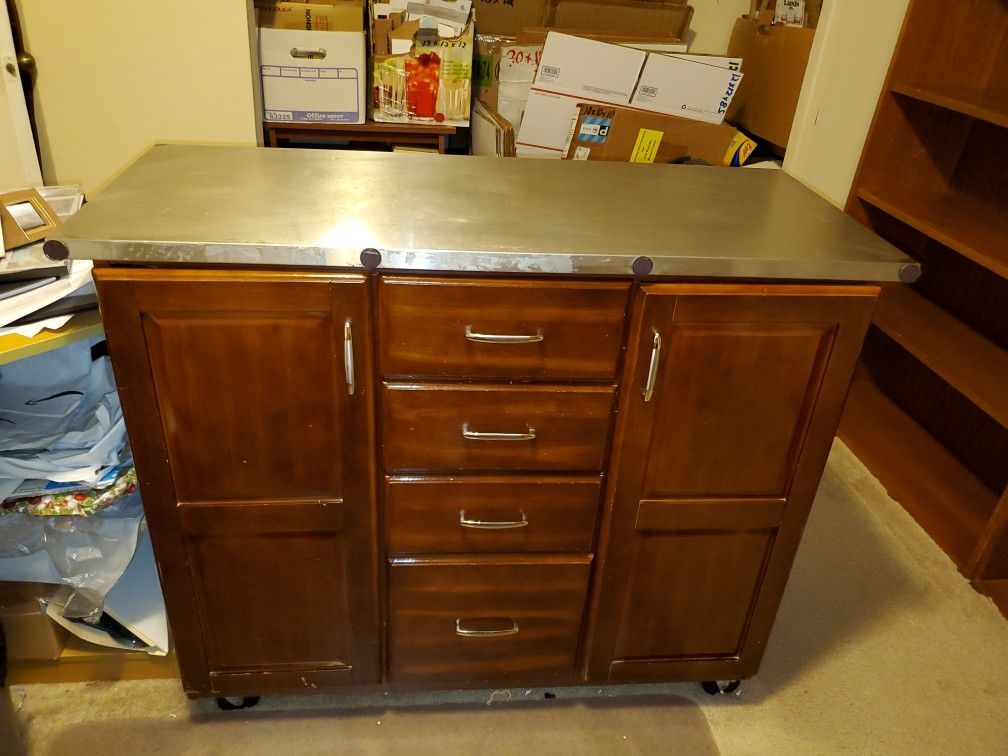 Awesome Wooden Storage Cabinet Work Table, Stainless Steel Top, on ...