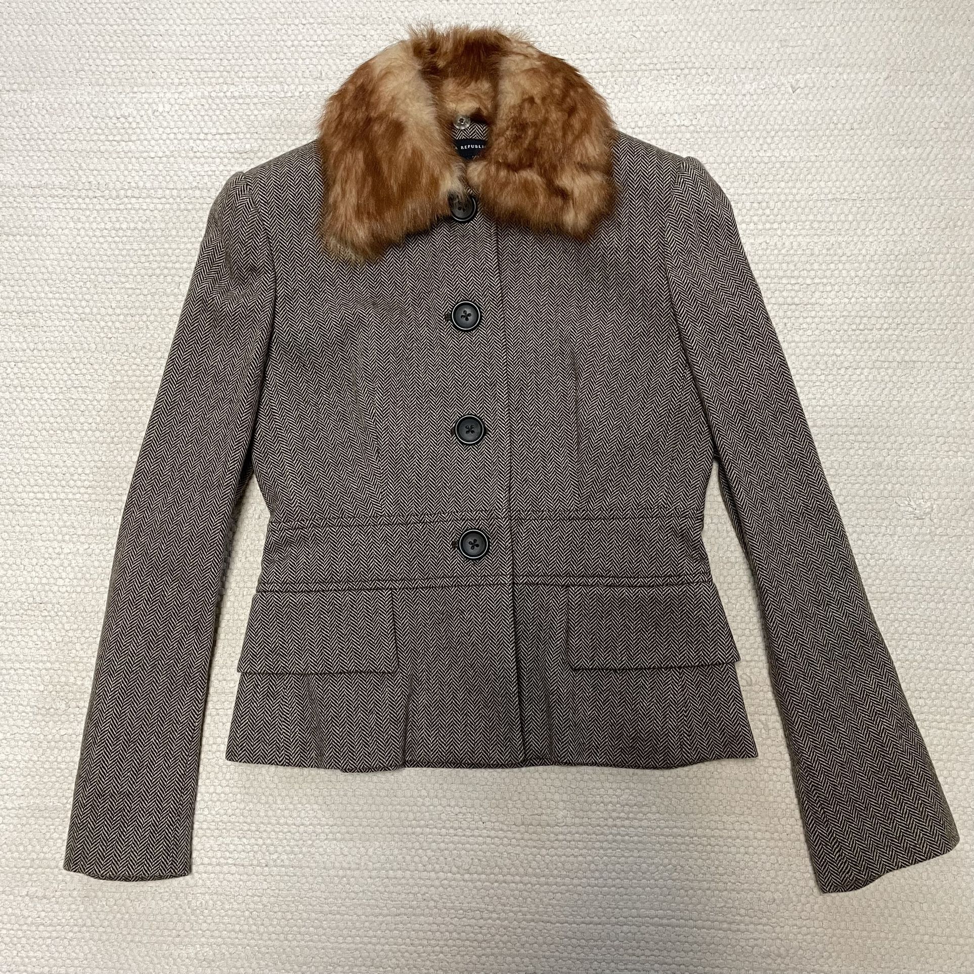 Banana Republic Brown Herringbone Blazer Jacket Fur Collar Size 0P for ...