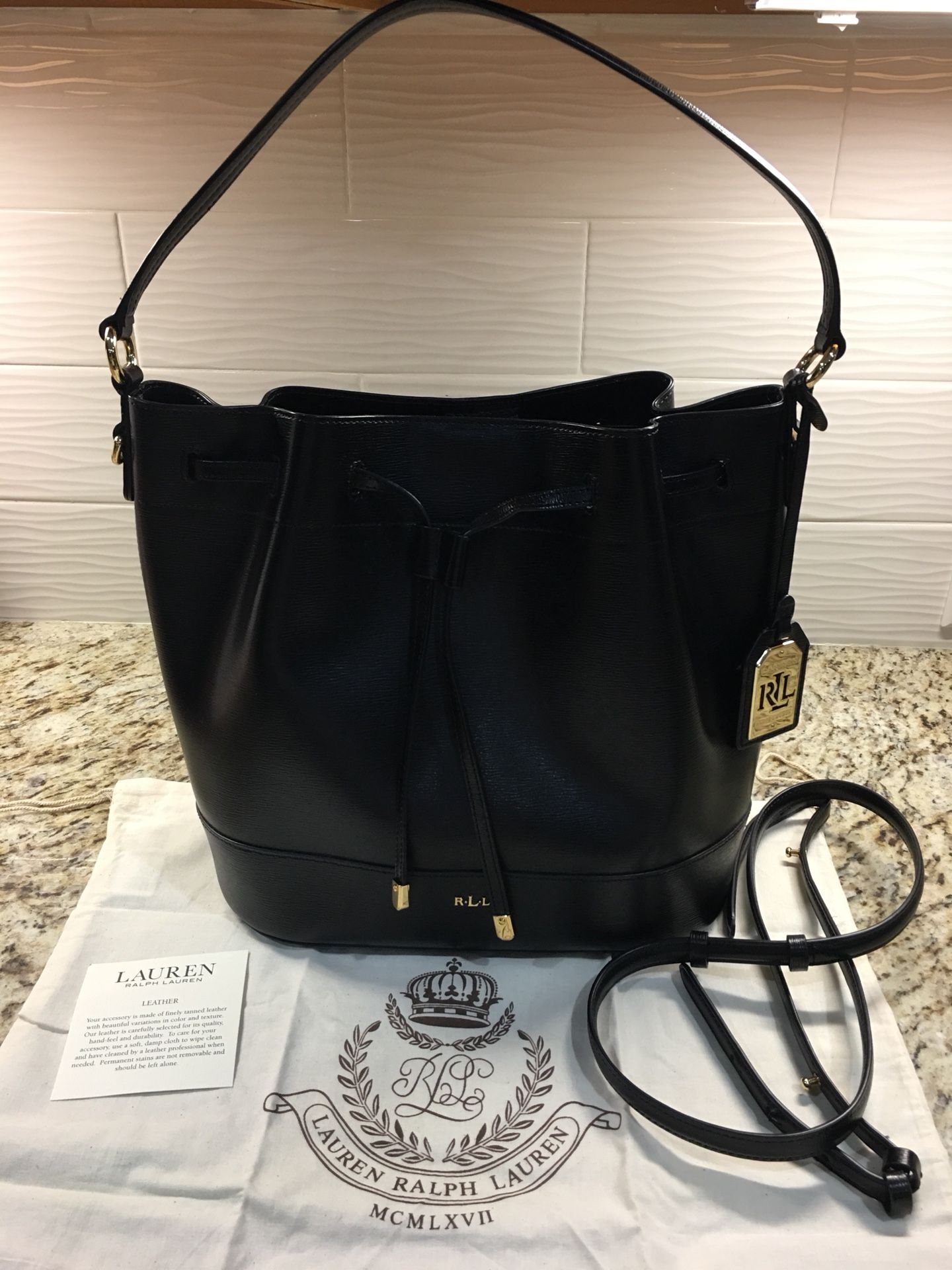 Ralph Lauren Crawley black leather drawstring purse bucket hobo bag w ...