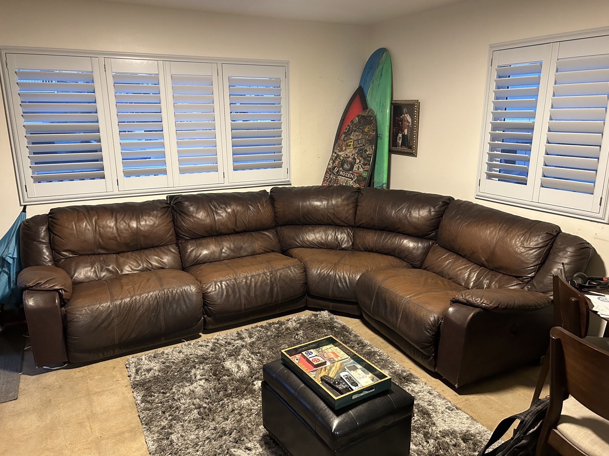 Overstuffed Real Leather Sectional Couch With Dual Manual Recliner for ...