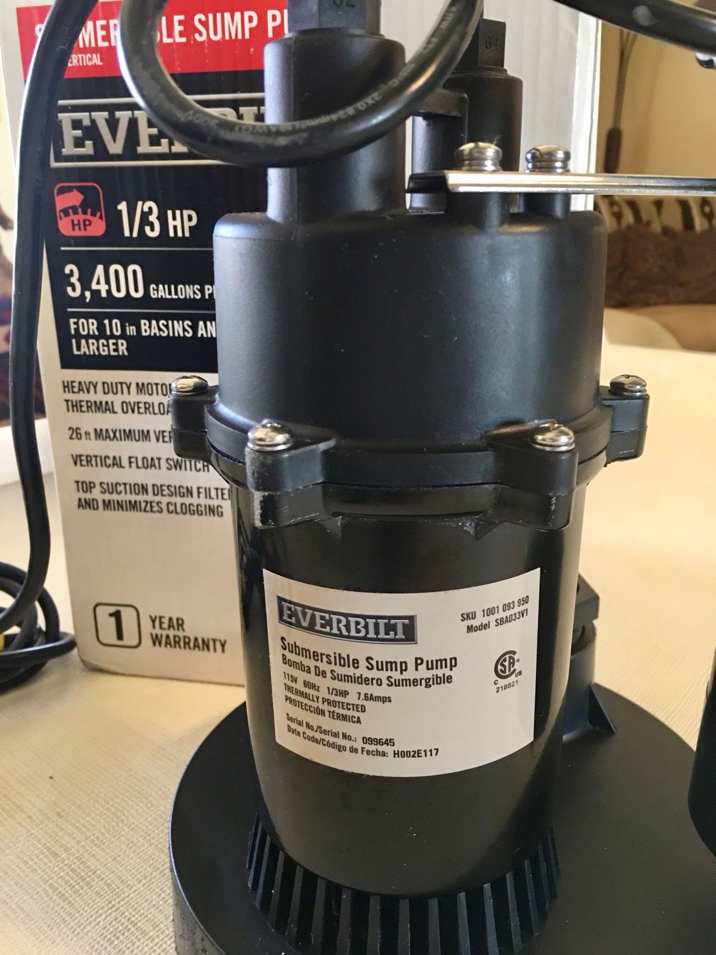 Everbilt 1/3 HP Submersible Sump Pump - SBA033V1 for Sale in Phoenix, AZ - OfferUp