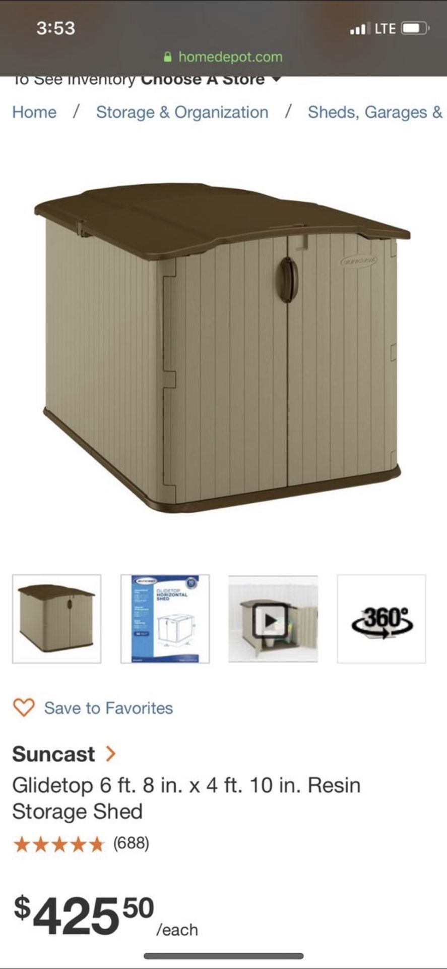 Suncast Glidetop 6 ft. 8 in. x 4 ft. 10 in. Resin Storage Shed***NEW ...