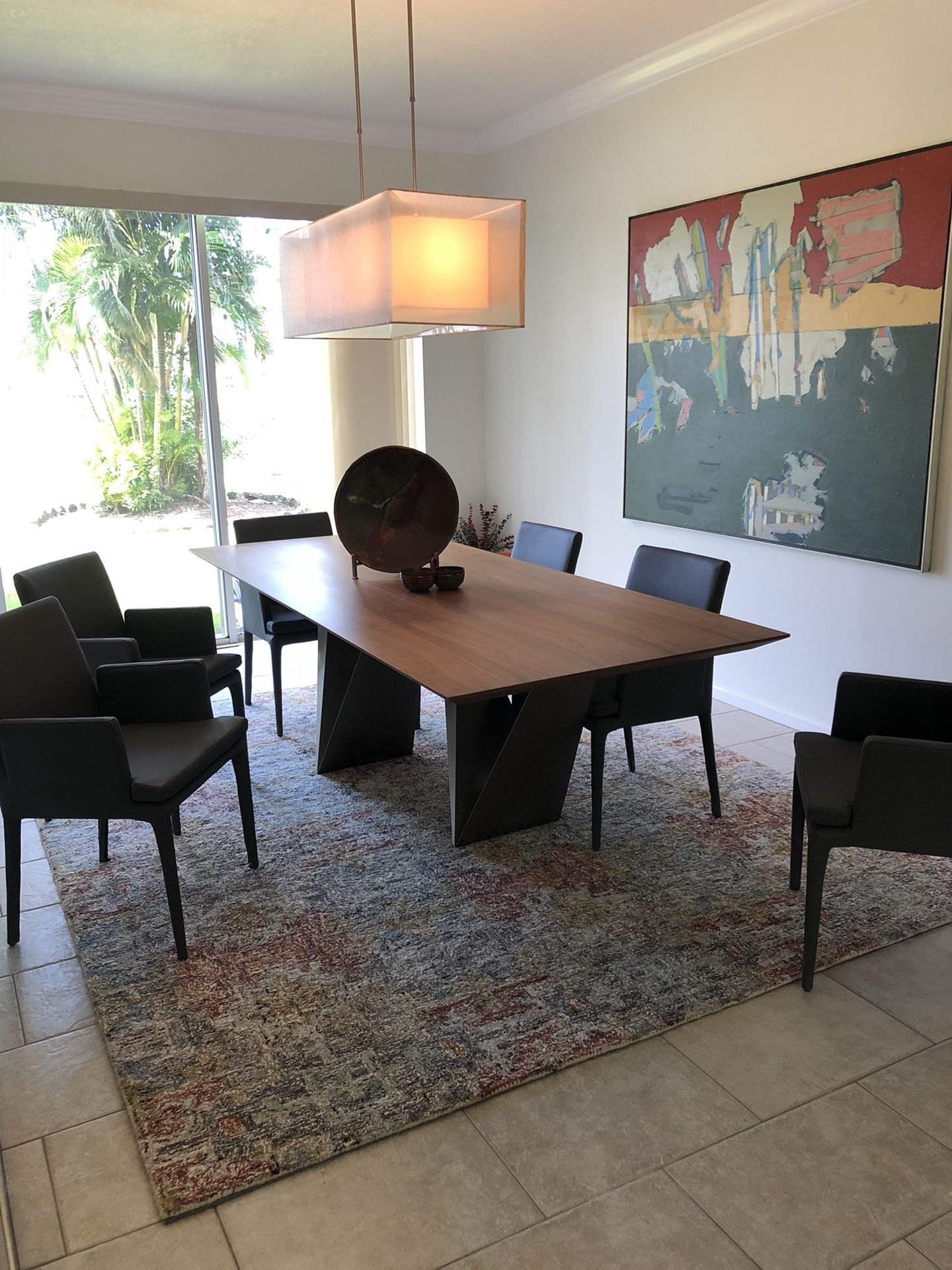Modani Vittore Walnut Dining Table with 6 Modani Camille Chairs Gray ...