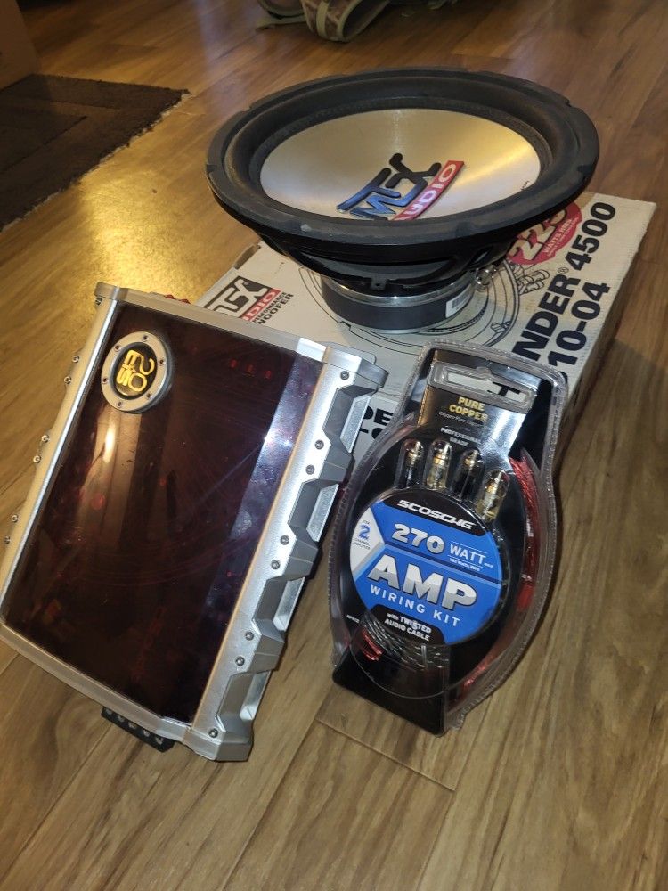 Two 10" MTX subwoofers, TIS Audio 700 watt amp, Scosche wiring kit for ...