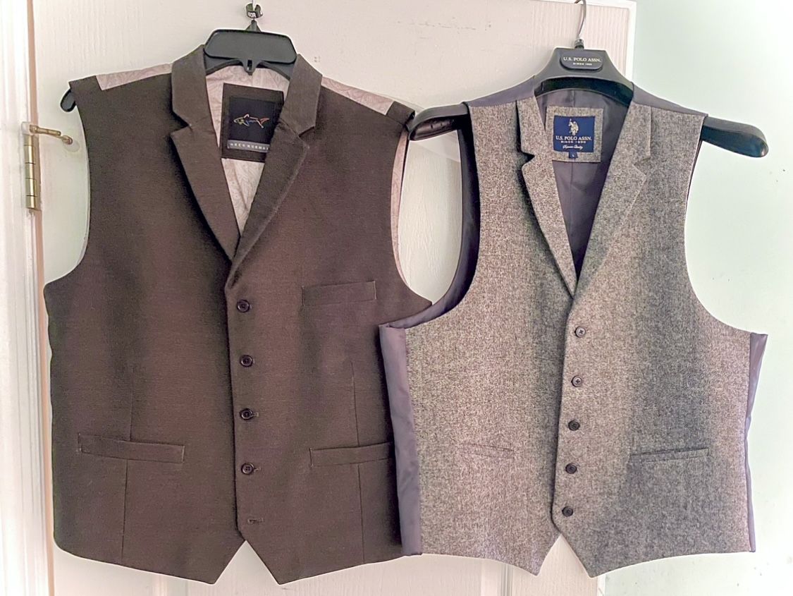 TWO Men’s Button Up V Neck Grey Tweed & Brown Collared Formal Suit ...