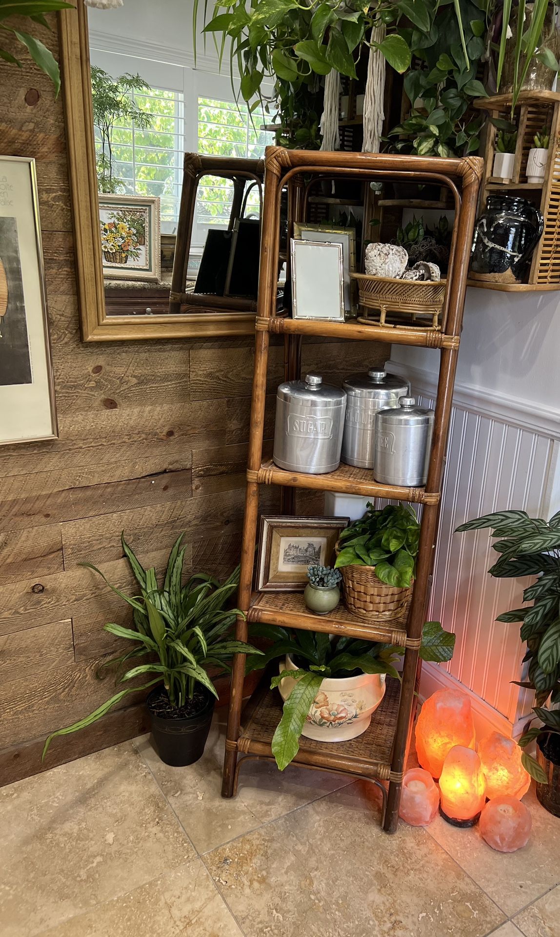 Dark Brown Wood Bamboo Rattan Tiered Plant Corner Shelf Ladder Boho ...