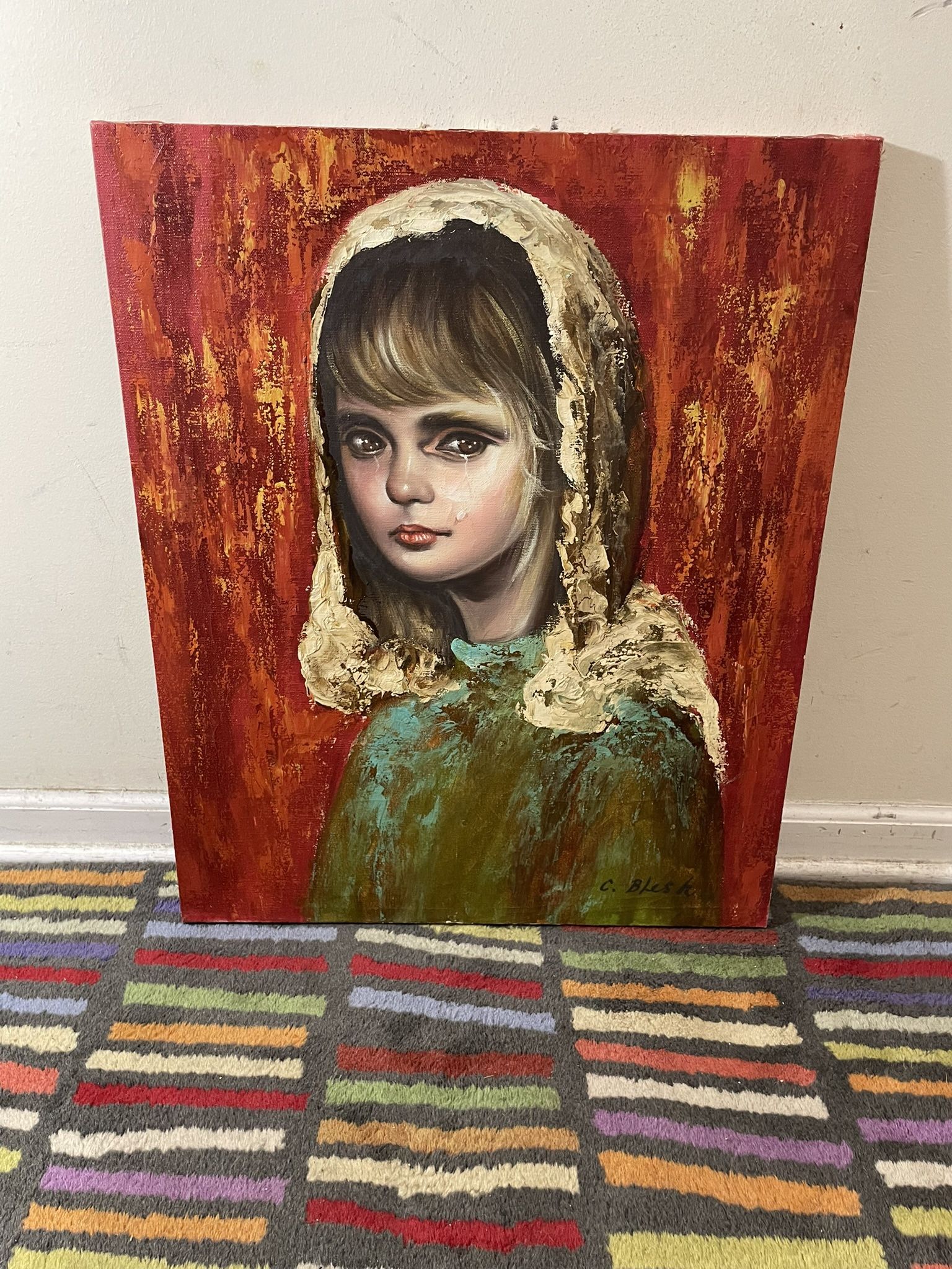 Vintage Original ‘Crying girl’ oil painting on canvas signed by a C ...