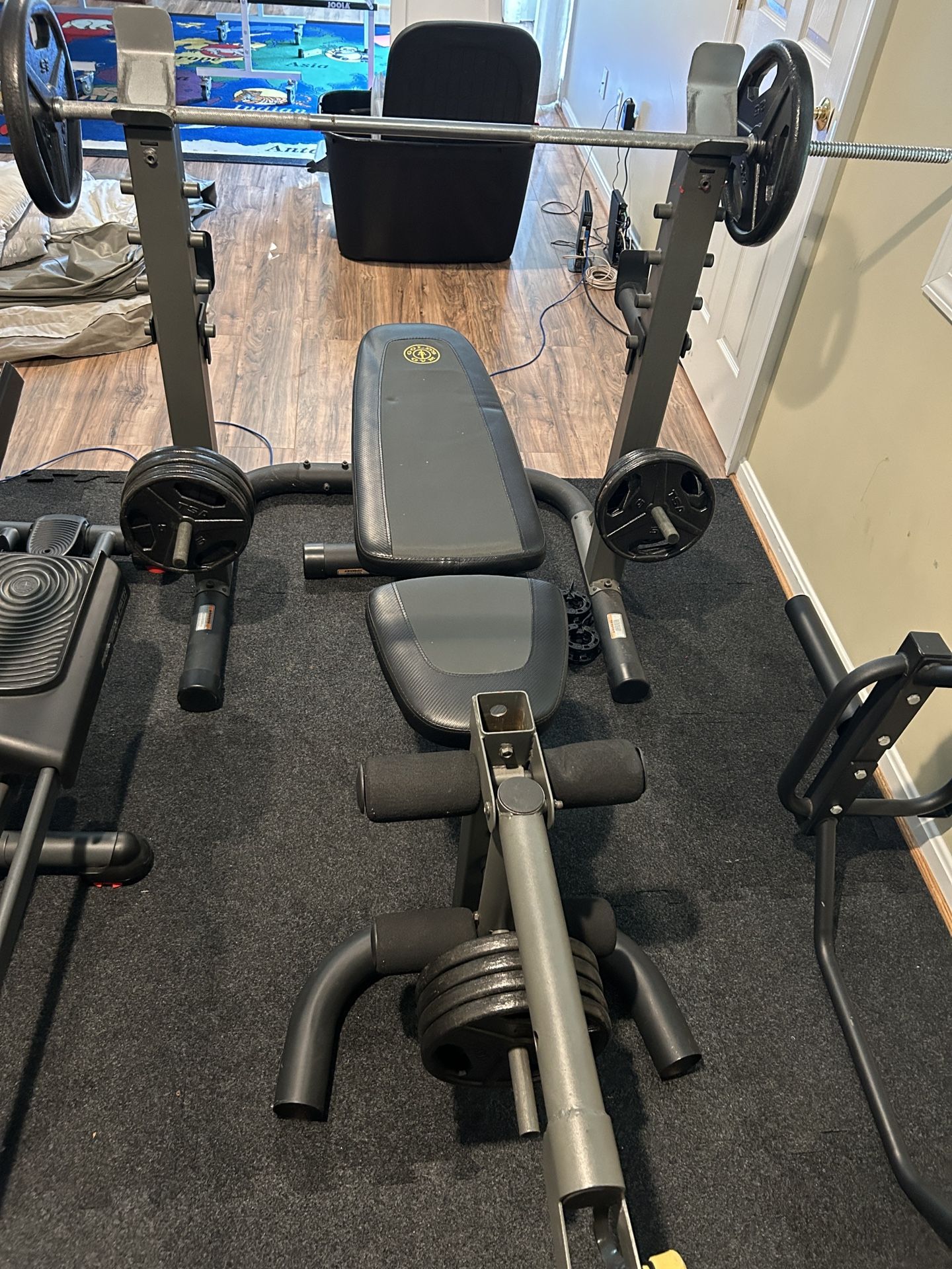 Golds Gym Bench Press with Weights and Leg Press for Sale in Alexandria ...