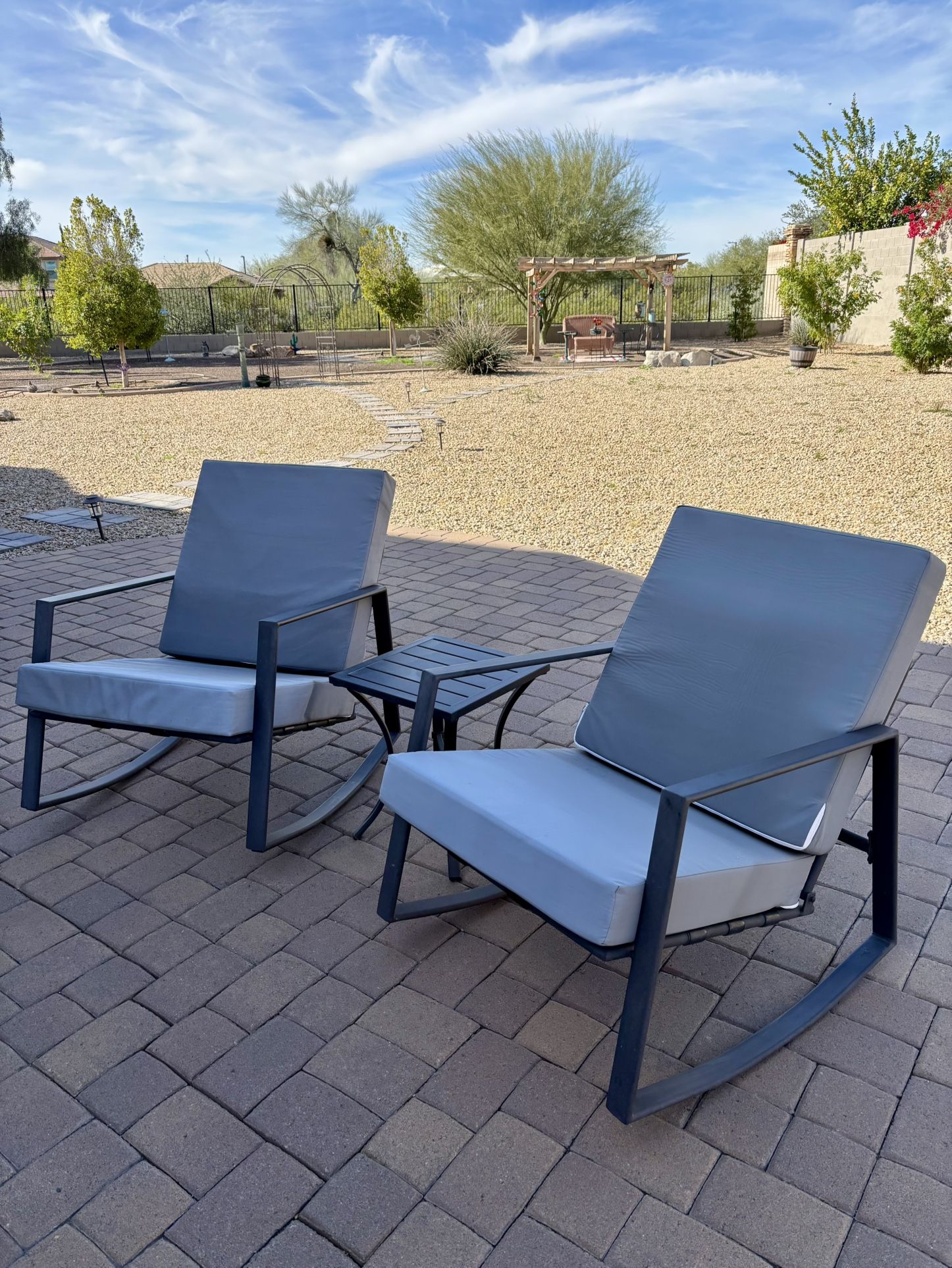 Two Metal Rocking Patio Chairs with Cushions & Accent Table for Sale in ...