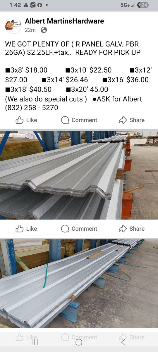26GA SHEETMETAL Galv. PBR $2.25LF for Sale in Porter, TX - OfferUp