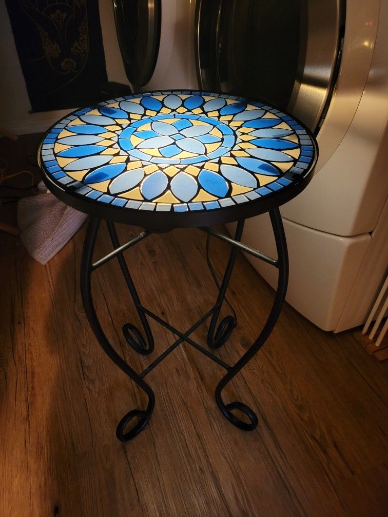 ***Unique Item*** Stained glass and wrought iron patio table with hard ...