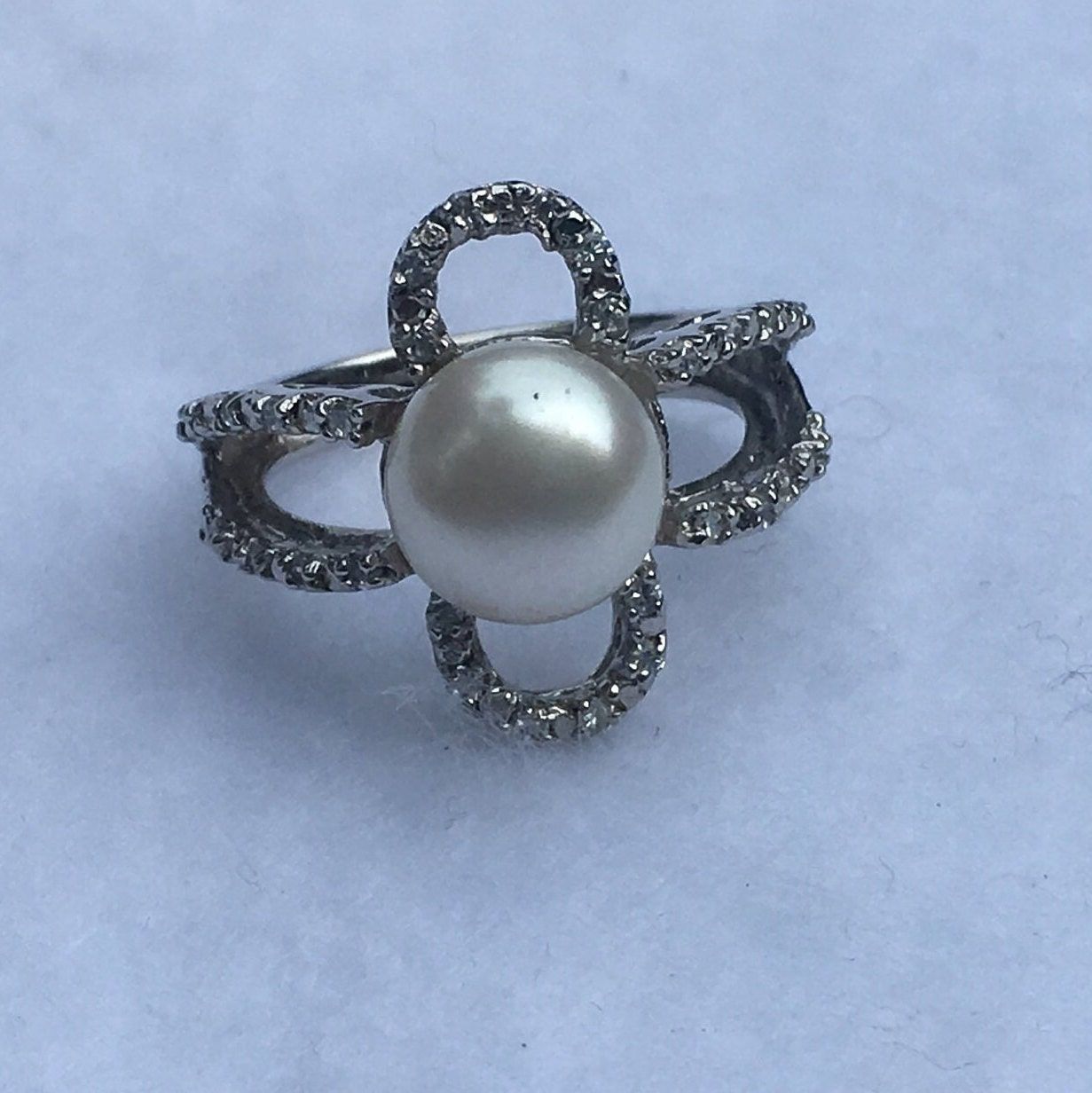 Sterling Silver Pearl Ring with Cubic Zirconia Accents, Size 7, Silver ...