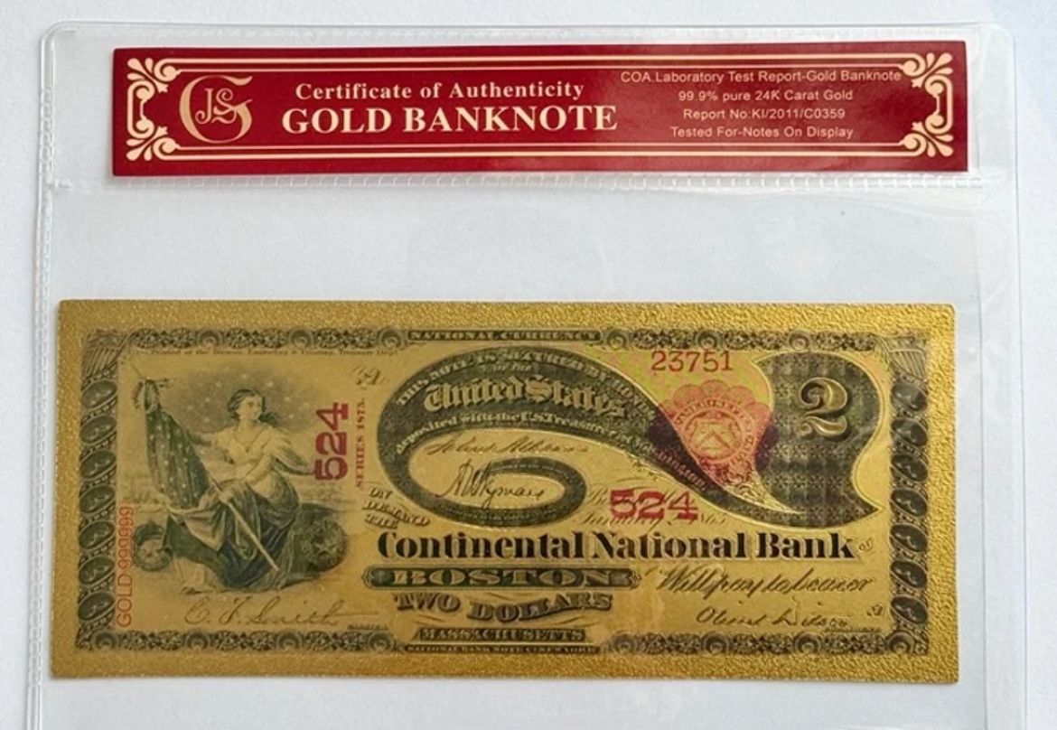 1875 Continental National Bank of Boston Note. 24K Gold-foil Protective ...