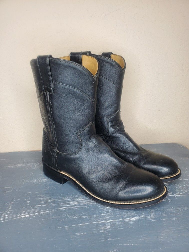 Justin Black Leather Roper Cowboy Western Boots 3702Y Junior Size 5D ...