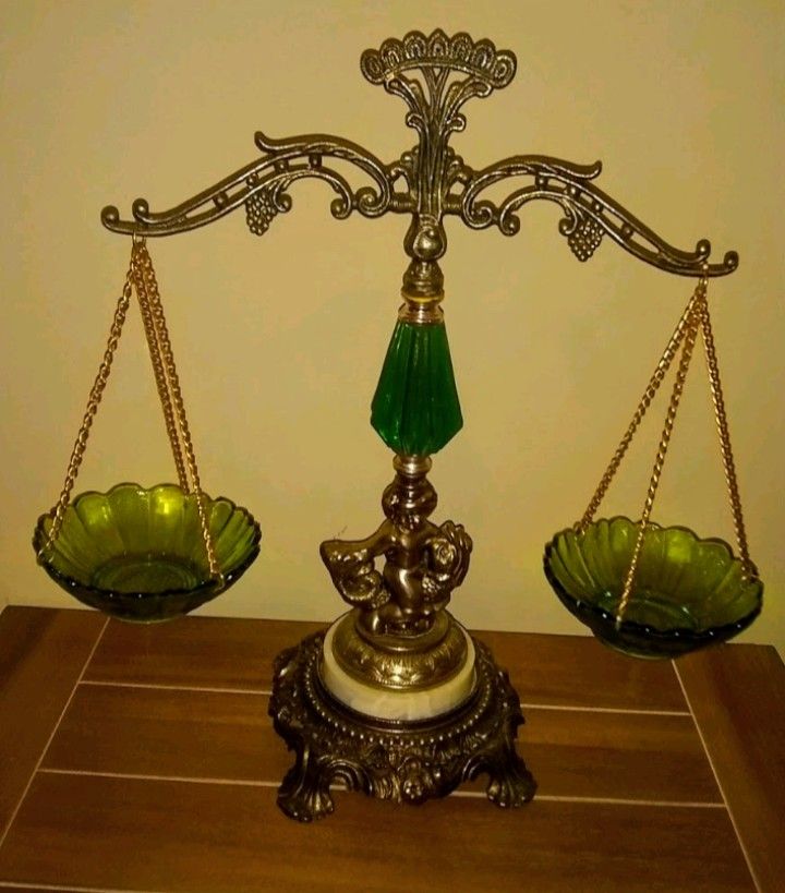 Vintage Angel, Green Glass amd Marble Decorative Scales of Justice ...