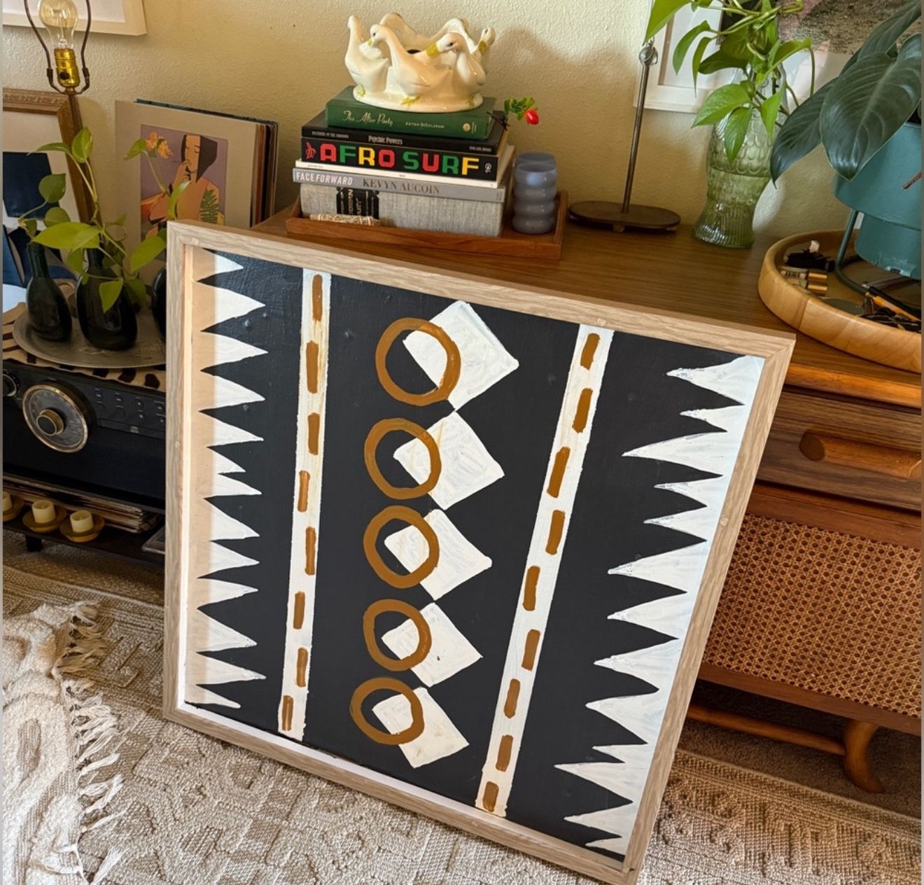 Wood frame Tribal Handpainted Abstract Black and Gold Geometric Art 29x31” for Sale in San Diego ...